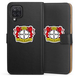DeinDesign Galaxy A12 Handy Klapph&uuml;lle Handyh&uuml;lle aus Kunst Leder schwarz Flip Case Official Licensed Product Bayer 04 Leverkusen Logo Sideflip mit langer Lasche