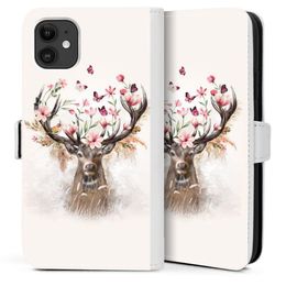 DeinDesign iPhone 11 Handy Klapph&uuml;lle Handyh&uuml;lle aus Kunst Leder wei&szlig; Flip Case Deer Flowers Animals Sideflip mit Lasche