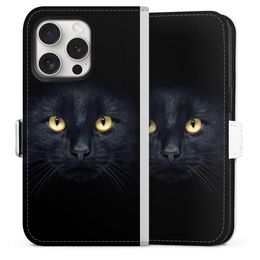 DeinDesign iPhone 15 Pro Handy Klapph&uuml;lle Handyh&uuml;lle aus Kunst Leder wei&szlig; Flip Case Black Eye Cat Sideflip mit Lasche