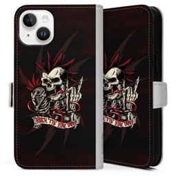 DeinDesign iPhone 14 Handy Klapph&uuml;lle Handyh&uuml;lle aus Kunst Leder wei&szlig; Flip Case Rock Totenkopf Music Sideflip mit Lasche