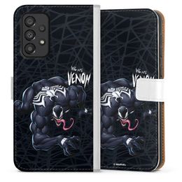 DeinDesign Galaxy A33 5G Handy Klapph&uuml;lle Handyh&uuml;lle aus Kunst Leder wei&szlig; Flip Case Spiderman Marvel Venom Sideflip mit Lasche