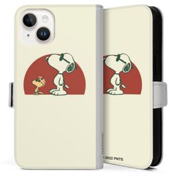 DeinDesign iPhone 14 Handy Klapph&uuml;lle Handyh&uuml;lle aus Kunst Leder wei&szlig; Flip Case Snoopy Official Licensed Product Kindheit Sideflip mit Lasche