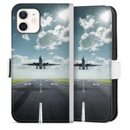 DeinDesign iPhone 12 Handy Klapph&uuml;lle Handyh&uuml;lle aus Kunst Leder wei&szlig; Flip Case Wanderlust Airplane Urlaub Sideflip mit Lasche