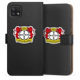DeinDesign Galaxy A22 5G Handy Klapph&uuml;lle Handyh&uuml;lle aus Kunst Leder schwarz Flip Case Logo Bayer 04 Leverkusen Official Licensed Product Sideflip mit langer 