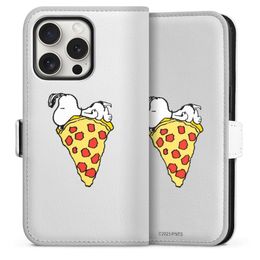 DeinDesign iPhone 15 Pro Handy Klapph&uuml;lle Handyh&uuml;lle aus Kunst Leder wei&szlig; Flip Case Peanuts Pizza Snoopy Sideflip mit Lasche