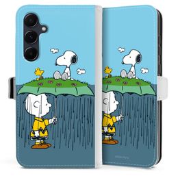 DeinDesign Galaxy A55 5G Handy Klapph&uuml;lle Handyh&uuml;lle aus Kunst Leder wei&szlig; Flip Case Peanuts Children Snoopy Sideflip mit Lasche