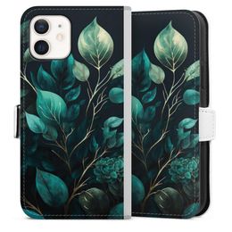 DeinDesign iPhone 12 Handy Klapph&uuml;lle Handyh&uuml;lle aus Kunst Leder wei&szlig; Flip Case Leaves Black Eukalyptus Sideflip mit Lasche