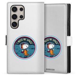 DeinDesign Galaxy S24 Ultra Handy Klapph&uuml;lle Handyh&uuml;lle aus Kunst Leder wei&szlig; Flip Case Peanuts Weltall Snoopy Sideflip mit Lasche