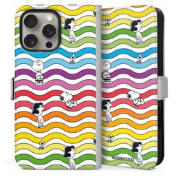 DeinDesign iPhone 16 Pro Handy Klapph&uuml;lle Handyh&uuml;lle aus Kunst Leder wei&szlig; Flip Case Snoopy Muster Peanuts Sideflip mit Lasche