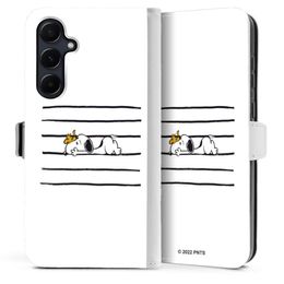 DeinDesign Galaxy A35 5G Handy Klapph&uuml;lle Handyh&uuml;lle aus Kunst Leder wei&szlig; Flip Case Snoopy Dog Peanuts Sideflip mit Lasche