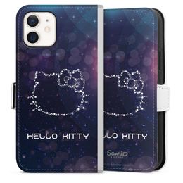 DeinDesign iPhone 12 Handy Klapph&uuml;lle Handyh&uuml;lle aus Kunst Leder wei&szlig; Flip Case Merchandise Hello Kitty Weltall Sideflip mit Lasche