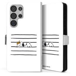 DeinDesign Galaxy S25 Ultra Handy Klapph&uuml;lle Handyh&uuml;lle aus Kunst Leder wei&szlig; Flip Case Snoopy Dog Peanuts Sideflip mit Lasche