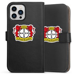 DeinDesign iPhone 13 Pro Max Handy Klapph&uuml;lle Handyh&uuml;lle aus Kunst Leder schwarz Flip Case Logo Bayer 04 Leverkusen Official Licensed Product Sideflip mit langer