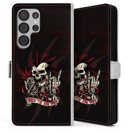 DeinDesign Galaxy S25 Ultra Handy Klapph&uuml;lle Handyh&uuml;lle aus Kunst Leder wei&szlig; Flip Case Rock Totenkopf Music Sideflip mit Lasche