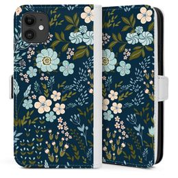DeinDesign iPhone 11 Handy Klapph&uuml;lle Handyh&uuml;lle aus Kunst Leder wei&szlig; Flip Case Blue Muster Flowers Sideflip mit Lasche