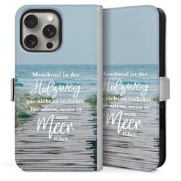 DeinDesign iPhone 16 Pro Handy Klapph&uuml;lle Handyh&uuml;lle aus Kunst Leder wei&szlig; Flip Case Statement Beach Spruch Sideflip mit Lasche