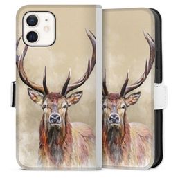 DeinDesign iPhone 12 Handy Klapph&uuml;lle Handyh&uuml;lle aus Kunst Leder wei&szlig; Flip Case Animal Look Deer Reindeer Sideflip mit Lasche