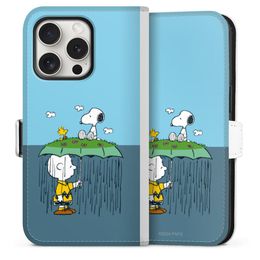 DeinDesign iPhone 15 Pro Handy Klapph&uuml;lle Handyh&uuml;lle aus Kunst Leder wei&szlig; Flip Case Peanuts Children Snoopy Sideflip mit Lasche