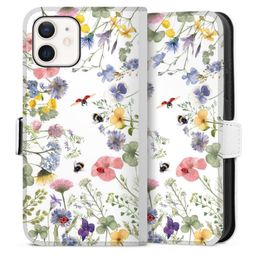 DeinDesign iPhone 12 Handy Klapph&uuml;lle Handyh&uuml;lle aus Kunst Leder wei&szlig; Flip Case Flowers Bee Muster Sideflip mit Lasche