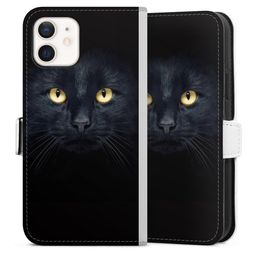 DeinDesign iPhone 12 Handy Klapph&uuml;lle Handyh&uuml;lle aus Kunst Leder wei&szlig; Flip Case Eye Cat Black Sideflip mit Lasche
