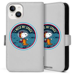 DeinDesign iPhone 14 Handy Klapph&uuml;lle Handyh&uuml;lle aus Kunst Leder wei&szlig; Flip Case Peanuts Weltall Snoopy Sideflip mit Lasche