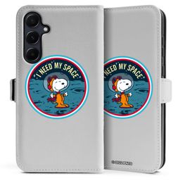 DeinDesign Galaxy A35 5G Handy Klapph&uuml;lle Handyh&uuml;lle aus Kunst Leder wei&szlig; Flip Case Peanuts Weltall Snoopy Sideflip mit Lasche