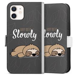 DeinDesign iPhone 12 Handy Klapph&uuml;lle Handyh&uuml;lle aus Kunst Leder wei&szlig; Flip Case Sloth Lazy Sunday Sayings Sideflip mit Lasche