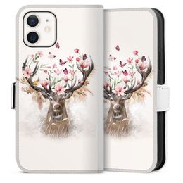 DeinDesign iPhone 12 Handy Klapph&uuml;lle Handyh&uuml;lle aus Kunst Leder wei&szlig; Flip Case Deer Flowers Animals Sideflip mit Lasche