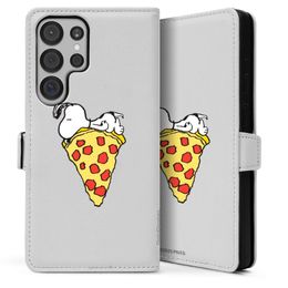 DeinDesign Galaxy S25 Ultra Handy Klapph&uuml;lle Handyh&uuml;lle aus Kunst Leder wei&szlig; Flip Case Peanuts Pizza Snoopy Sideflip mit Lasche