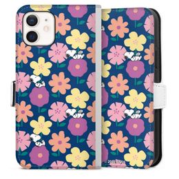 DeinDesign iPhone 12 Handy Klapph&uuml;lle Handyh&uuml;lle aus Kunst Leder wei&szlig; Flip Case Muster Snoopy Flowers Sideflip mit Lasche