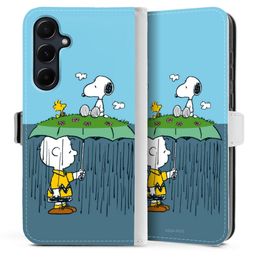 DeinDesign Galaxy A35 5G Handy Klapph&uuml;lle Handyh&uuml;lle aus Kunst Leder wei&szlig; Flip Case Peanuts Children Snoopy Sideflip mit Lasche