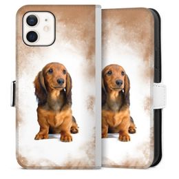 DeinDesign iPhone 12 Handy Klapph&uuml;lle Handyh&uuml;lle aus Kunst Leder wei&szlig; Flip Case Pet Dachshund Dog Sideflip mit Lasche