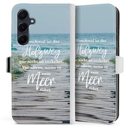 DeinDesign Galaxy A55 5G Handy Klapph&uuml;lle Handyh&uuml;lle aus Kunst Leder wei&szlig; Flip Case Statement Beach Spruch Sideflip mit Lasche