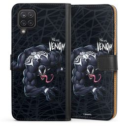 DeinDesign Galaxy A12 Handy Klapph&uuml;lle Handyh&uuml;lle aus Kunst Leder schwarz Flip Case Spiderman Marvel Venom Sideflip mit langer Lasche