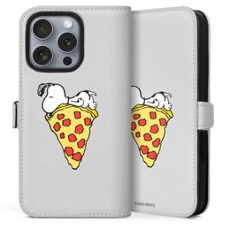 DeinDesign iPhone 16 Pro Max Handy Klapph&uuml;lle Handyh&uuml;lle aus Kunst Leder wei&szlig; Flip Case Peanuts Pizza Snoopy Sideflip mit Lasche