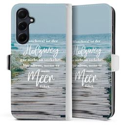 DeinDesign Galaxy A35 5G Handy Klapph&uuml;lle Handyh&uuml;lle aus Kunst Leder wei&szlig; Flip Case Spruch Beach Statement Sideflip mit Lasche