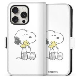 DeinDesign iPhone 15 Pro Handy Klapph&uuml;lle Handyh&uuml;lle aus Kunst Leder wei&szlig; Flip Case Snoopy Love Peanuts Sideflip mit Lasche