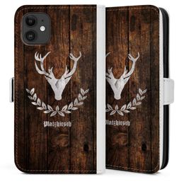 DeinDesign iPhone 11 Handy Klapph&uuml;lle Handyh&uuml;lle aus Kunst Leder wei&szlig; Flip Case Wooden Look Deer Wood Sideflip mit Lasche