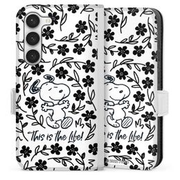 DeinDesign Galaxy S23 Handy Klapph&uuml;lle Handyh&uuml;lle aus Kunst Leder wei&szlig; Flip Case Peanuts Flowers Snoopy Sideflip mit Lasche