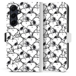 DeinDesign Galaxy A35 5G Handy Klapph&uuml;lle Handyh&uuml;lle aus Kunst Leder wei&szlig; Flip Case Peanuts Snoopy Muster Sideflip mit Lasche