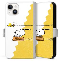 DeinDesign iPhone 14 Handy Klapph&uuml;lle Handyh&uuml;lle aus Kunst Leder wei&szlig; Flip Case Snoopy Peanuts Children Sideflip mit Lasche