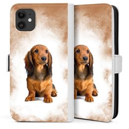 DeinDesign iPhone 11 Handy Klapph&uuml;lle Handyh&uuml;lle aus Kunst Leder wei&szlig; Flip Case Pet Dachshund Dog Sideflip mit Lasche