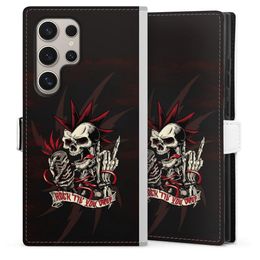DeinDesign Galaxy S24 Ultra Handy Klapph&uuml;lle Handyh&uuml;lle aus Kunst Leder wei&szlig; Flip Case Totenkopf Music Rock Sideflip mit Lasche