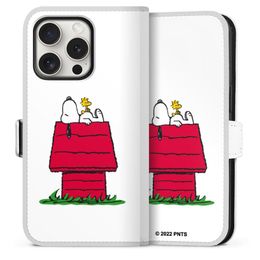 DeinDesign iPhone 15 Pro Handy Klapph&uuml;lle Handyh&uuml;lle aus Kunst Leder wei&szlig; Flip Case Snoopy Peanuts Official Licensed Product Sideflip mit Lasche