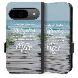 DeinDesign Google Pixel 9 Handy Klapph&uuml;lle Handyh&uuml;lle aus Kunst Leder schwarz Flip Case Statement Beach Spruch Sideflip mit Lasche