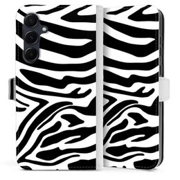 DeinDesign Galaxy A55 5G Handy Klapph&uuml;lle Handyh&uuml;lle aus Kunst Leder wei&szlig; Flip Case Animal Look Zebra Animal Print Sideflip mit Lasche