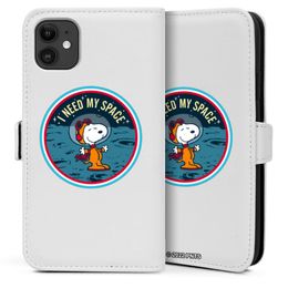 DeinDesign iPhone 11 Handy Klapph&uuml;lle Handyh&uuml;lle aus Kunst Leder wei&szlig; Flip Case Peanuts Weltall Snoopy Sideflip mit Lasche