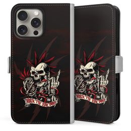 DeinDesign iPhone 16 Pro Handy Klapph&uuml;lle Handyh&uuml;lle aus Kunst Leder wei&szlig; Flip Case Rock Totenkopf Music Sideflip mit Lasche