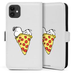DeinDesign iPhone 11 Handy Klapph&uuml;lle Handyh&uuml;lle aus Kunst Leder wei&szlig; Flip Case Peanuts Pizza Snoopy Sideflip mit Lasche