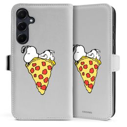 DeinDesign Galaxy A55 5G Handy Klapph&uuml;lle Handyh&uuml;lle aus Kunst Leder wei&szlig; Flip Case Peanuts Pizza Snoopy Sideflip mit Lasche